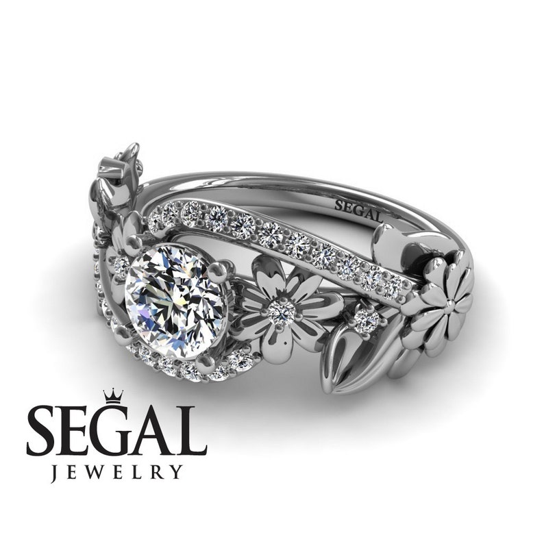 Floral Engagement Ring 14k White Gold Leaf Ring Flower - Etsy