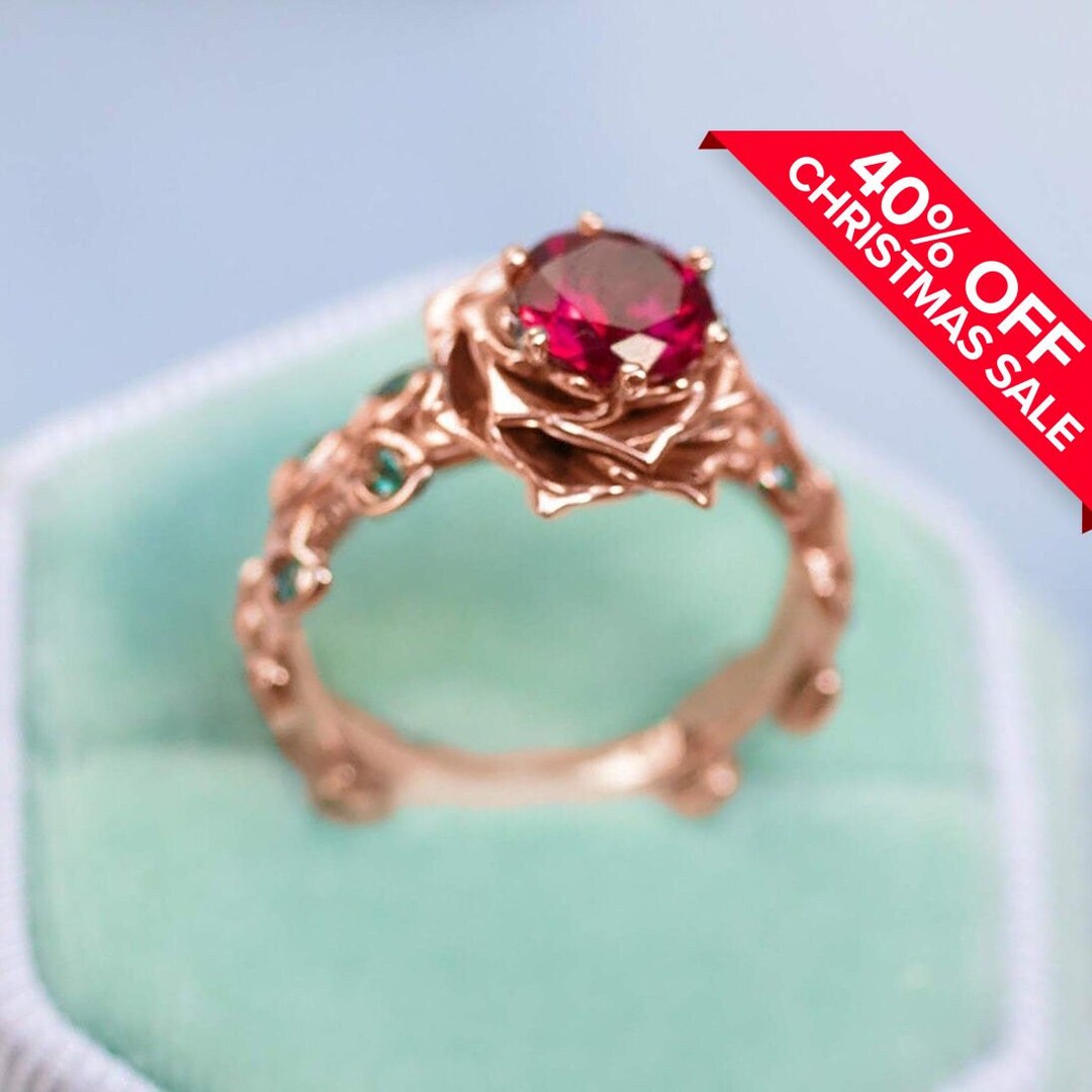 Ruby Flower Engagement Ring Rose Gold 14K-18K Rose Gold Ring - Etsy