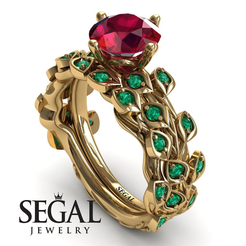 2ct Ruby Engagement Ring Set Yellow Gold Engagement Ring Leaf - Etsy