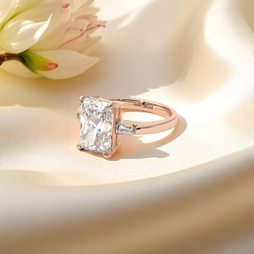 Three Stone Radiant Cut Diamond Engagement Ring 3.5ct, 18K Rose Gold ...