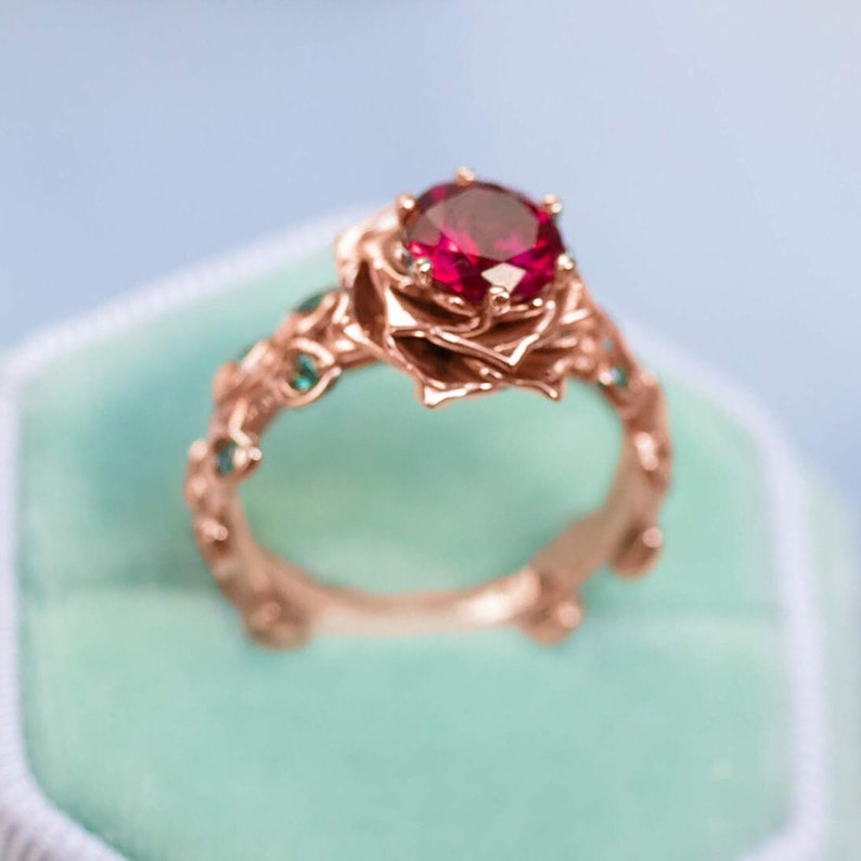 Ruby Flower Engagement Ring Rose Gold 14K-18K Rose Gold Ring | Etsy