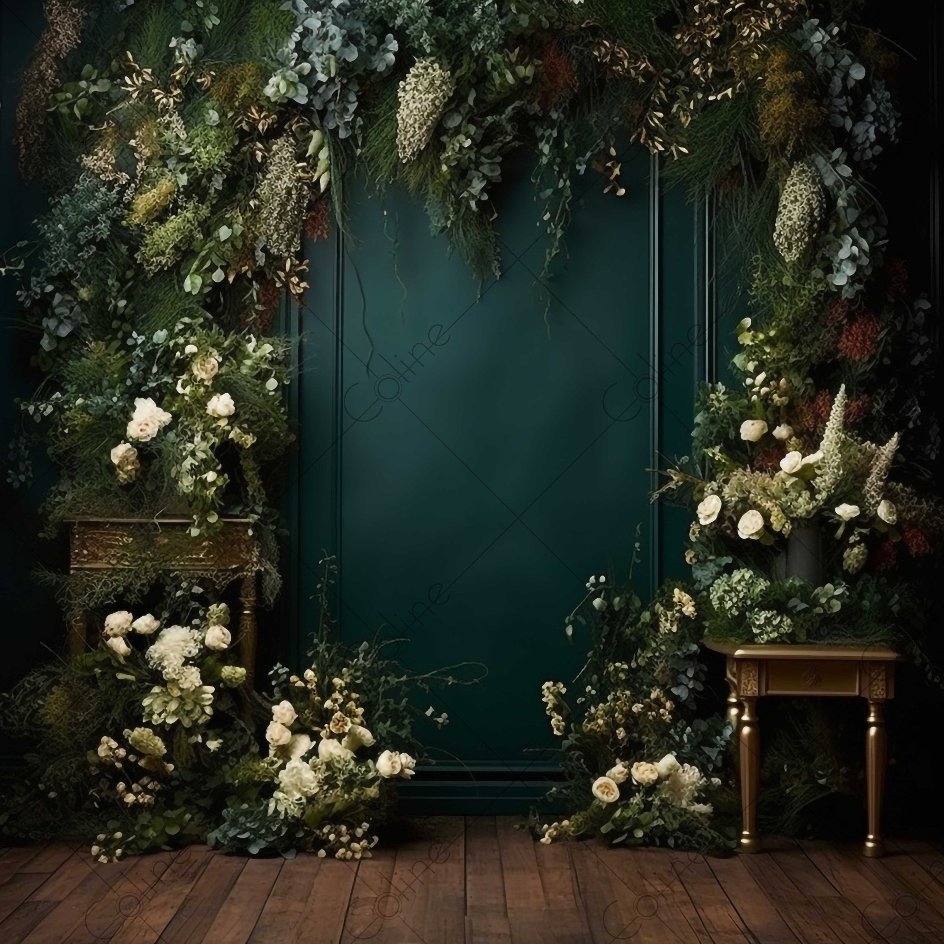 Dark Green Floral Digital Wedding Backdrop, JPG Digital Background ...