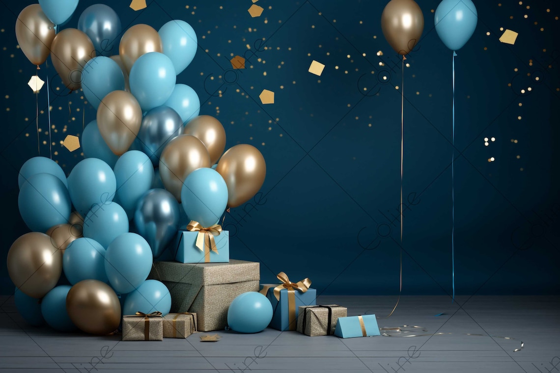 Birthday Blue Gold Background, JPG Digital Background, Digital Backdrop ...