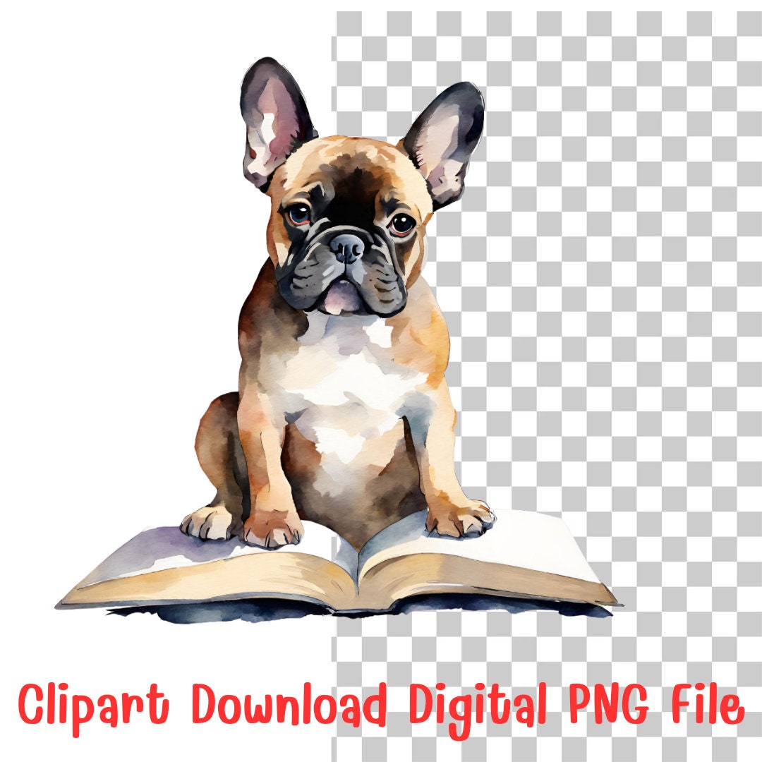 Clipart. French Bulldog, Reading Book, Cute Dog, Puppy, Watercolor ...