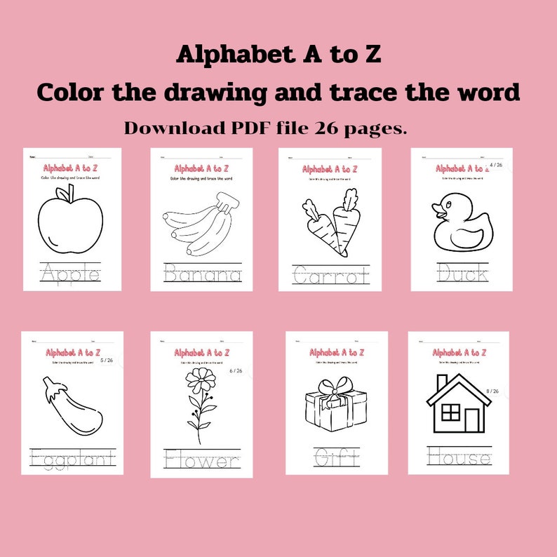 Alphabet A to Z Color the Drawing and Trace the Word Download PDF.26 ...
