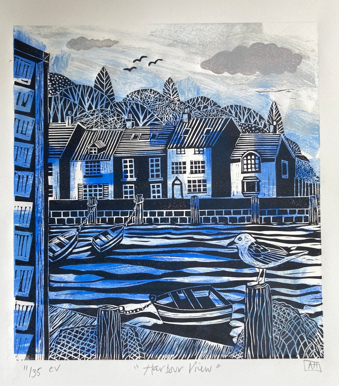 Harbour View -town-england-seaside-linocut-original-handmade - Etsy