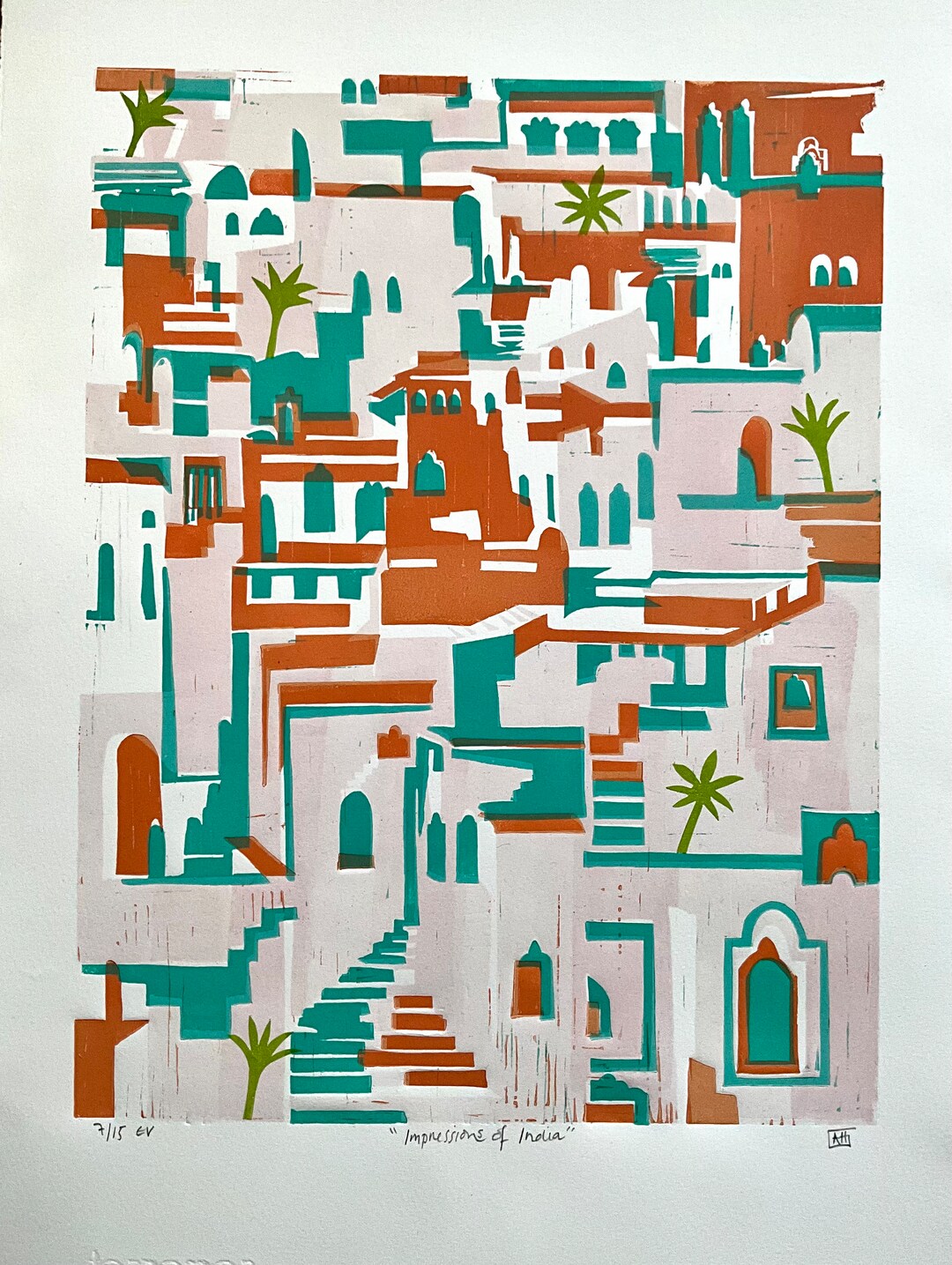 Impressions of India-linocut-original-cityscape-handmade - Etsy