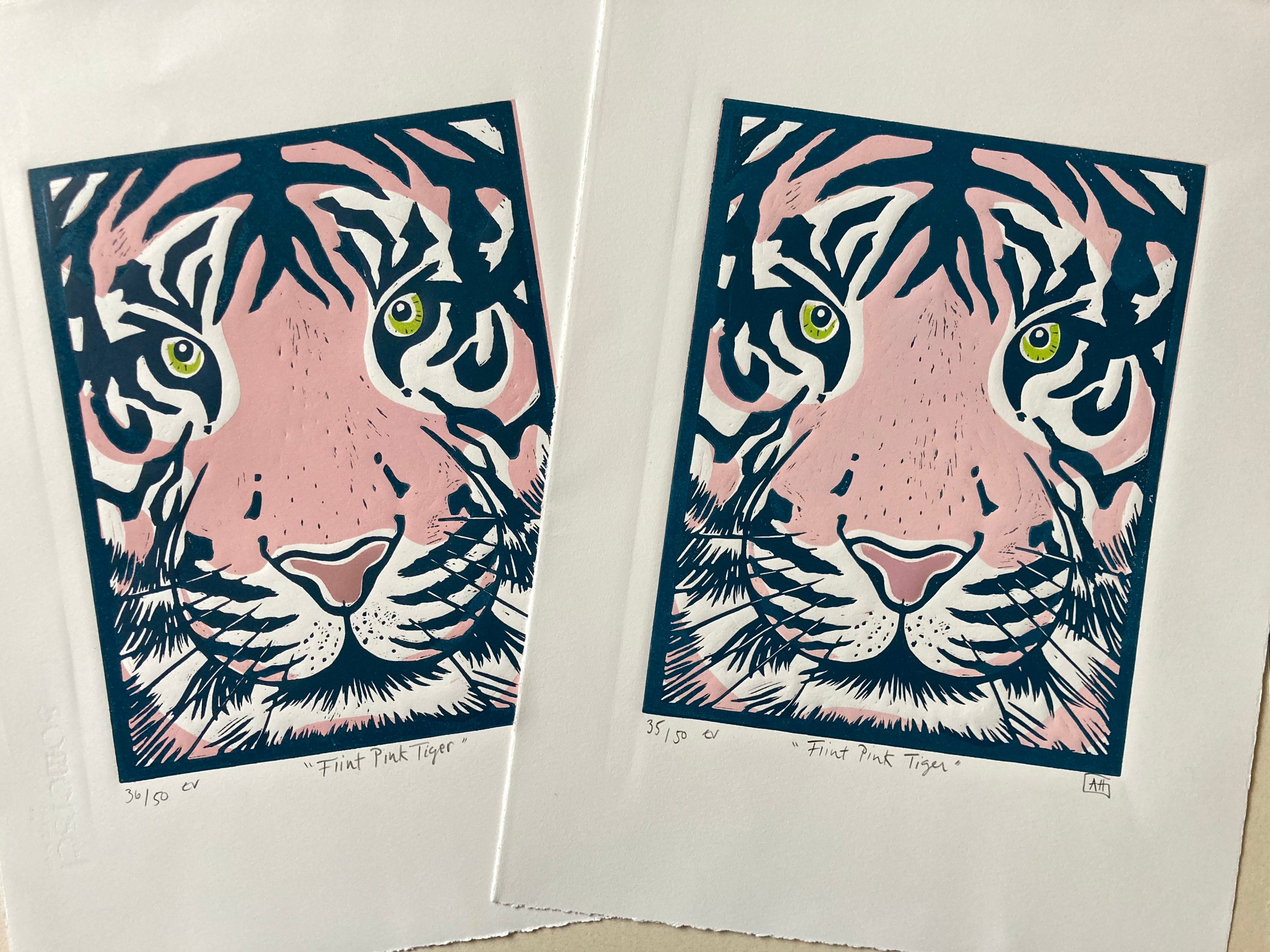Flint Pink Tiger-animals-jungle-linocut-original - Etsy