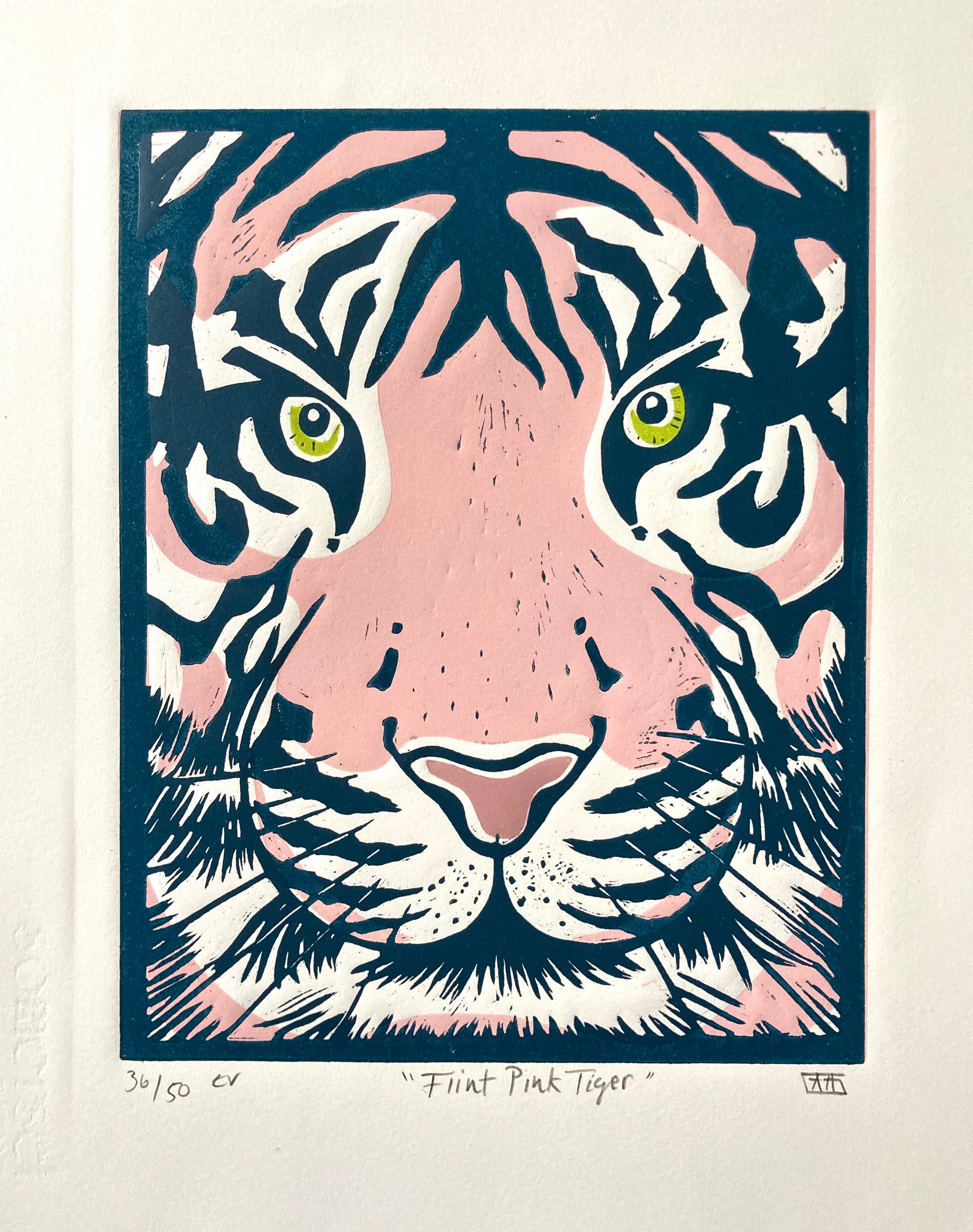 Flint Pink Tiger-animals-jungle-linocut-original - Etsy