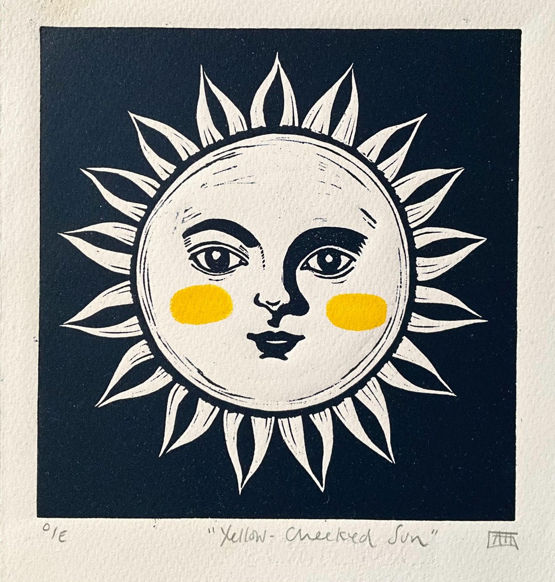 Yellow Cheeked Sun Linocut Print, Black and Blue Serene Sun - Etsy