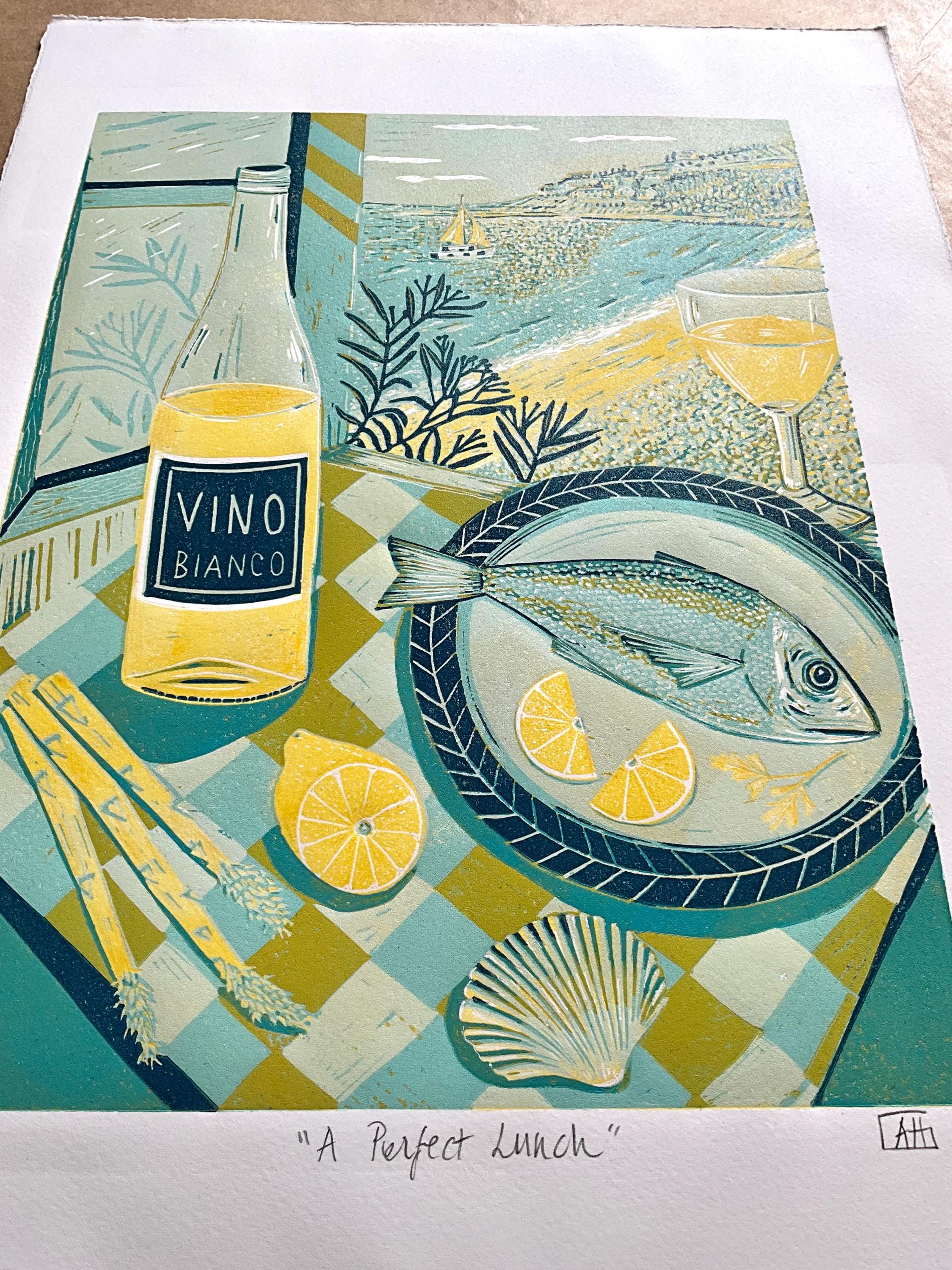 Italian Seaside Lunch Linocut Print: Handmade Coastal Art - Etsy
