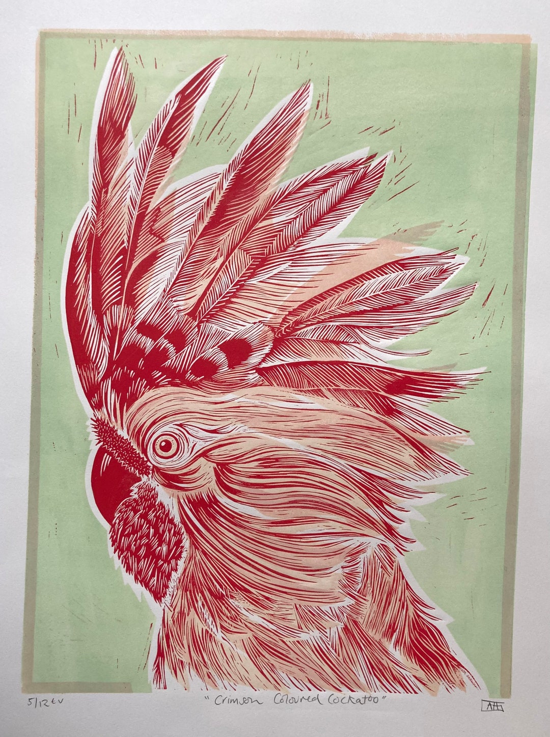 Crimson Coloured Cockatoo-animals-birds-linocut-original-handmade - Etsy