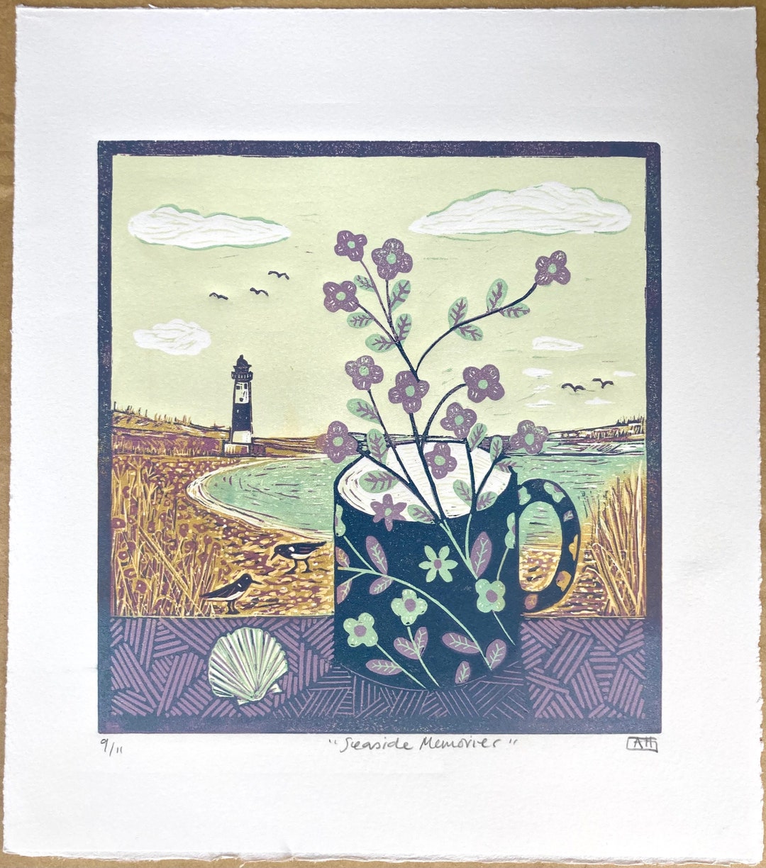 Seaside Memories-landscape-still Life-linocut Original - Etsy