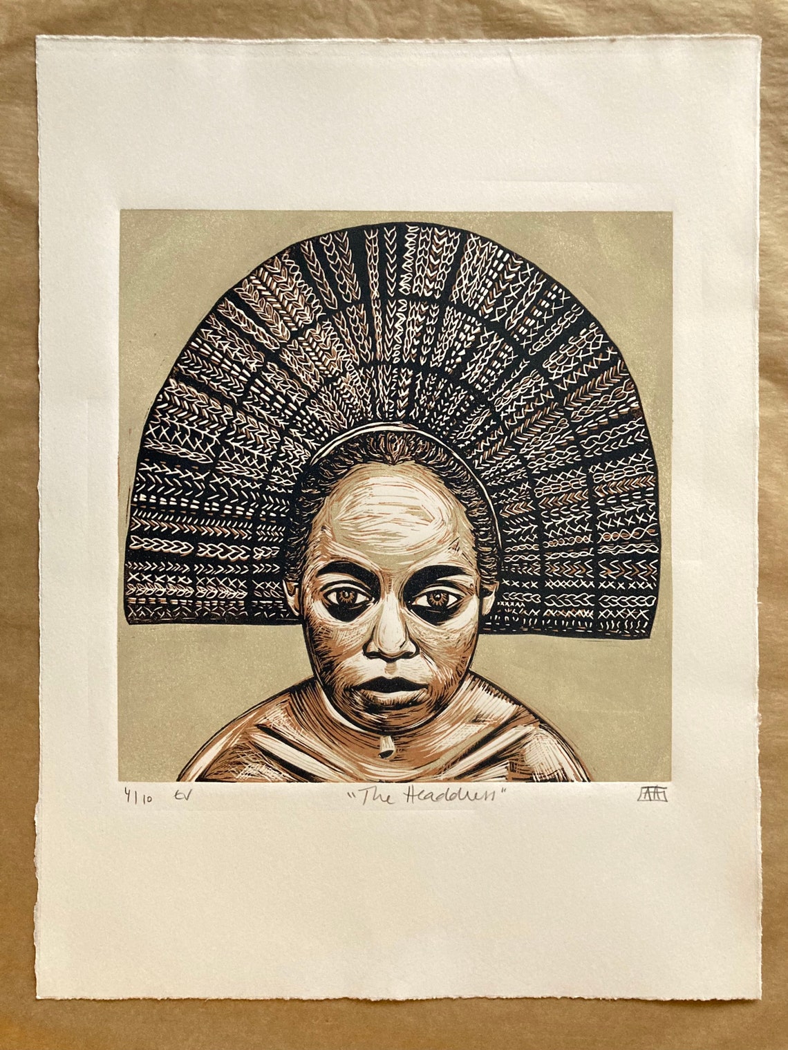The Headdress-portrait-tribal-african-linocut-original - Etsy