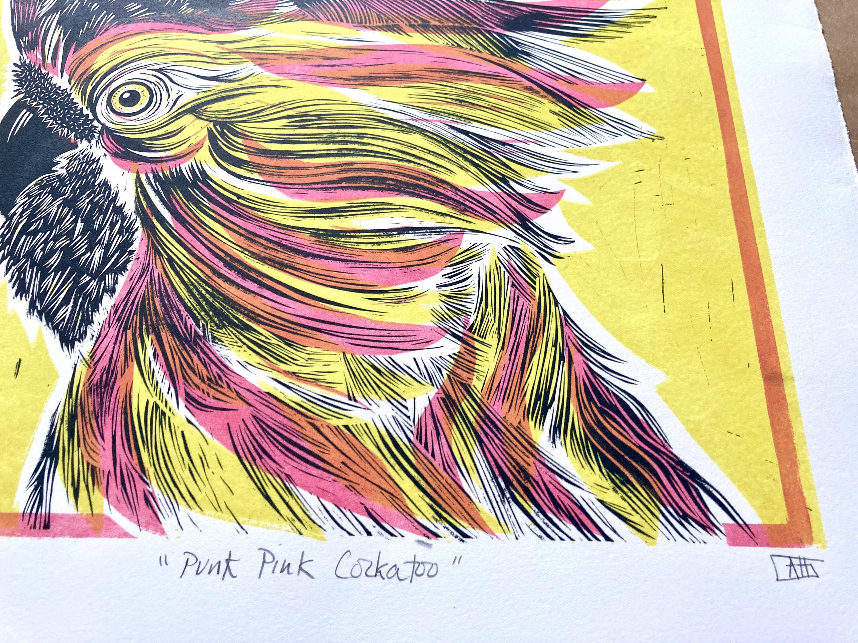Pink Punk Cockatoo-animals-birds-linocut-original - Etsy