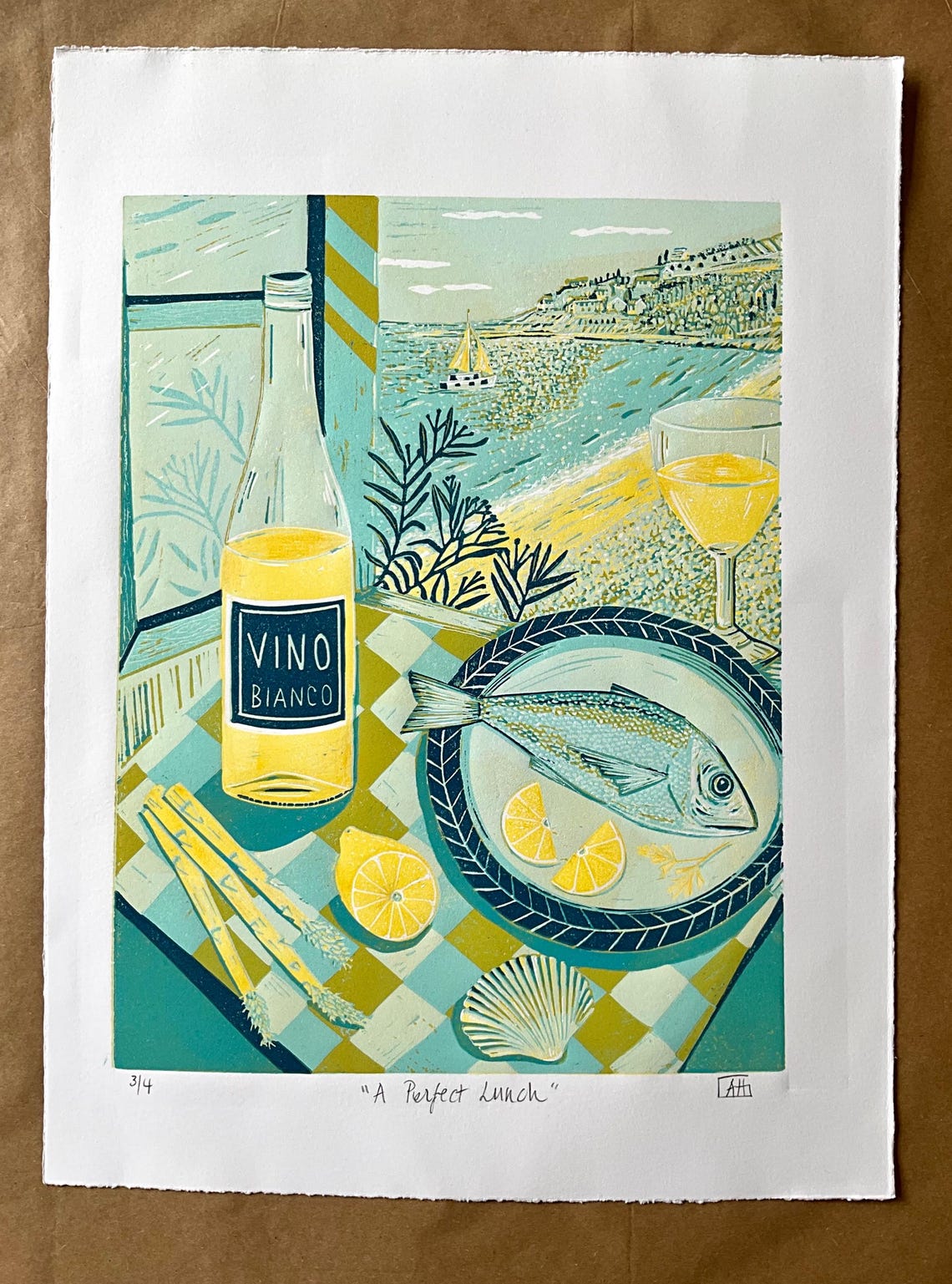 Italian Seaside Lunch Linocut Print: Handmade Coastal Art - Etsy