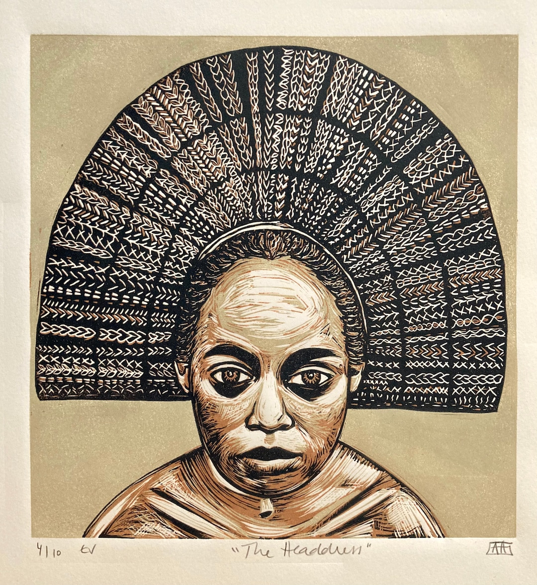 Tribal Headdress Portrait, Handmade Linocut Print, African Inspired Art ...