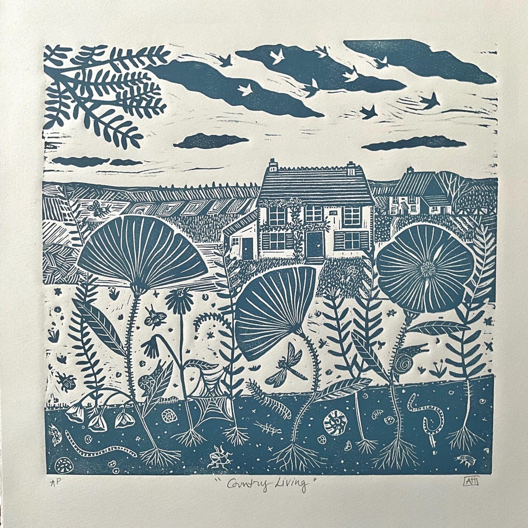 Life in the Country-countryside-linocut-original-handmade - Etsy