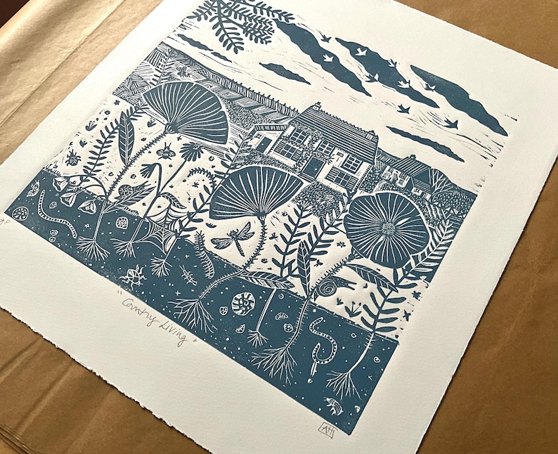 Life in the Country-countryside-linocut-original-handmade - Etsy