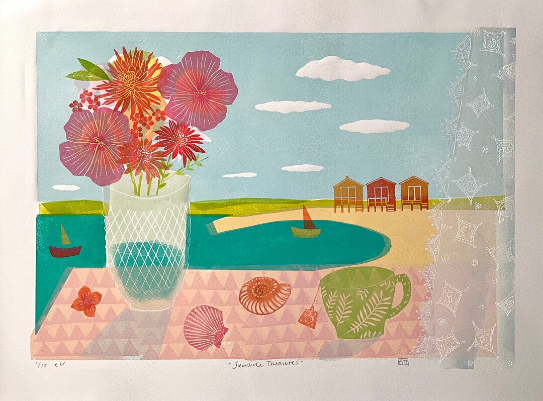 Seaside Treasures-seascape-beach-original-linocut - Etsy