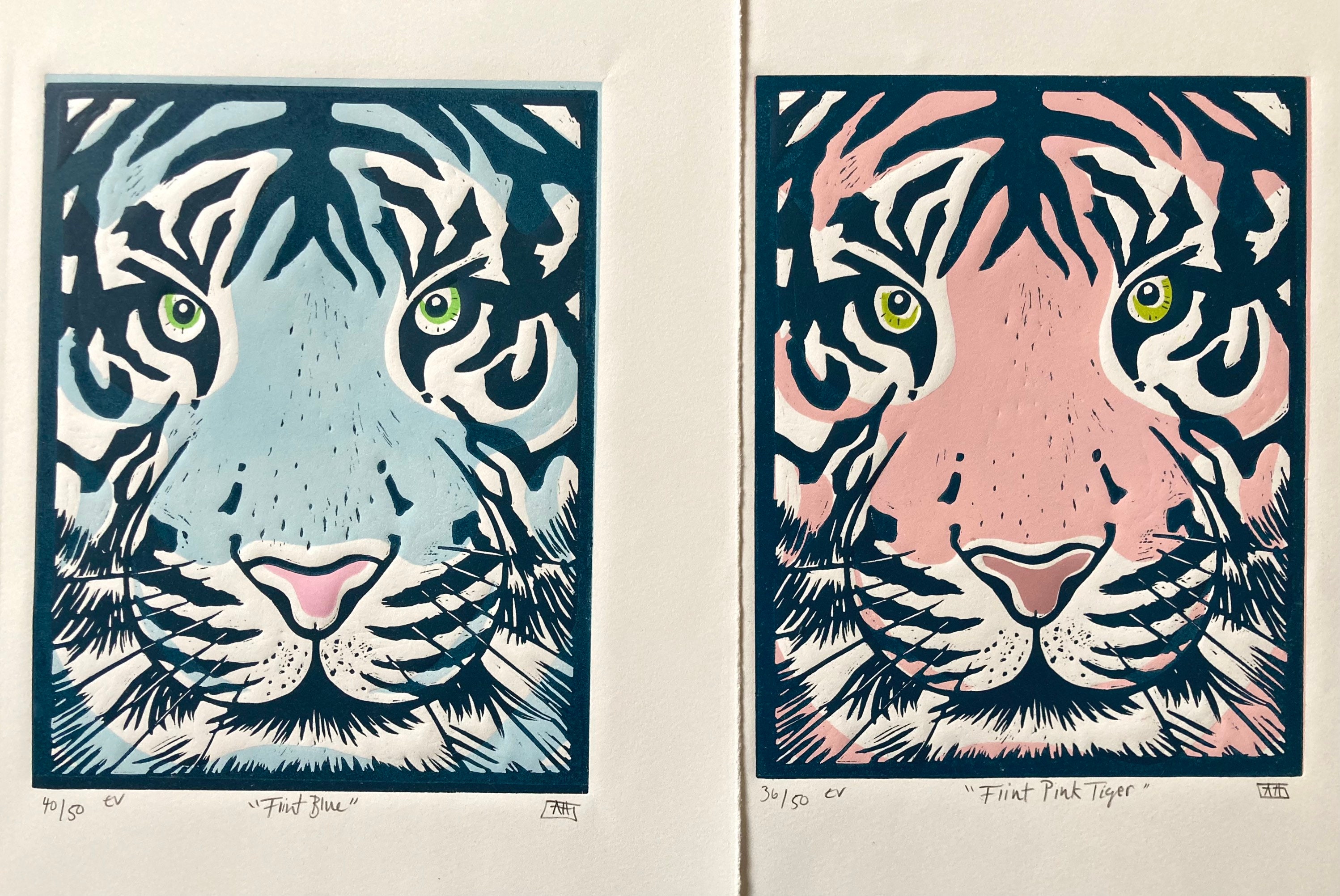 Flint Pink Tiger-animals-jungle-linocut-original - Etsy