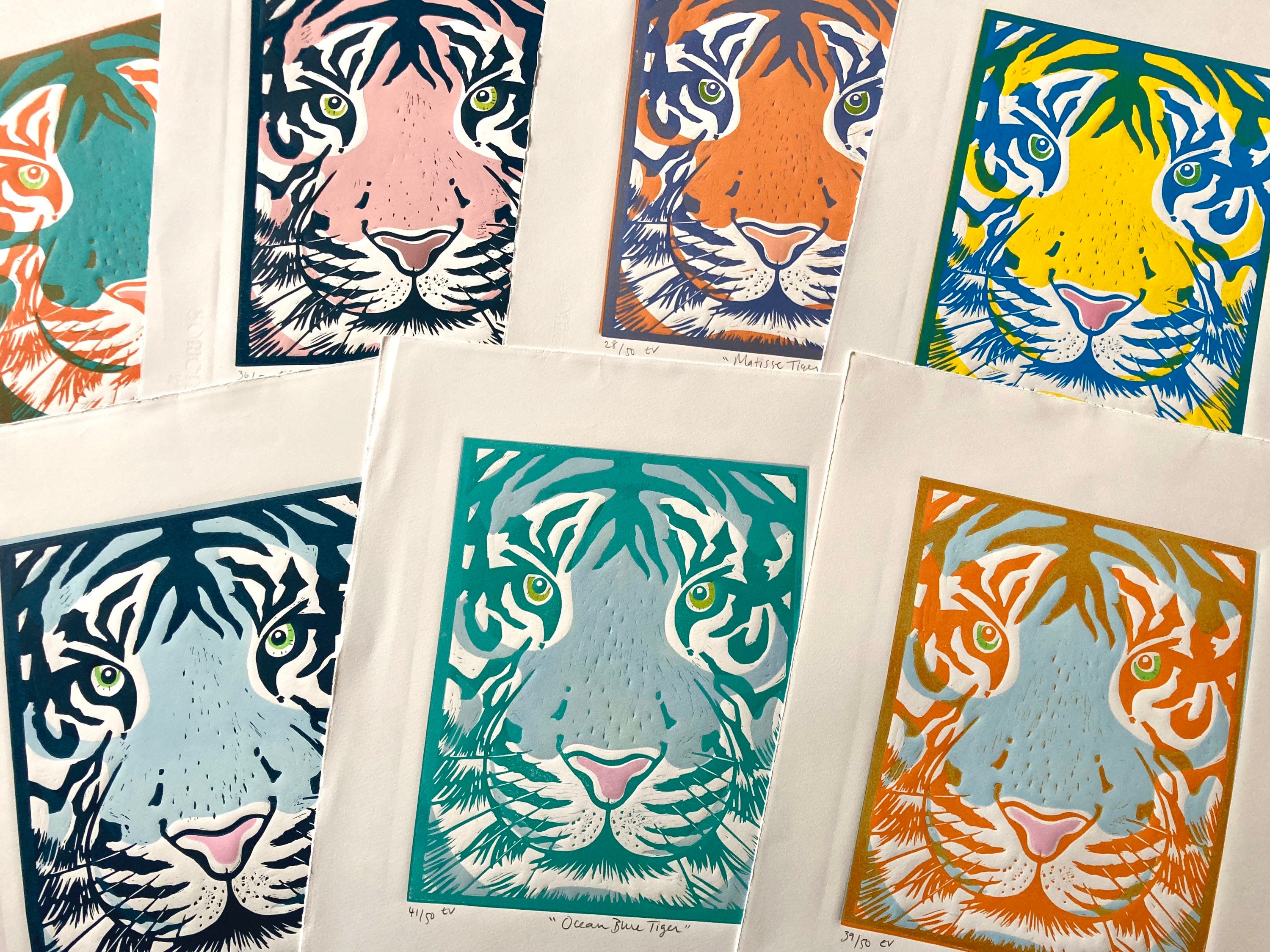 Flint Pink Tiger-animals-jungle-linocut-original - Etsy