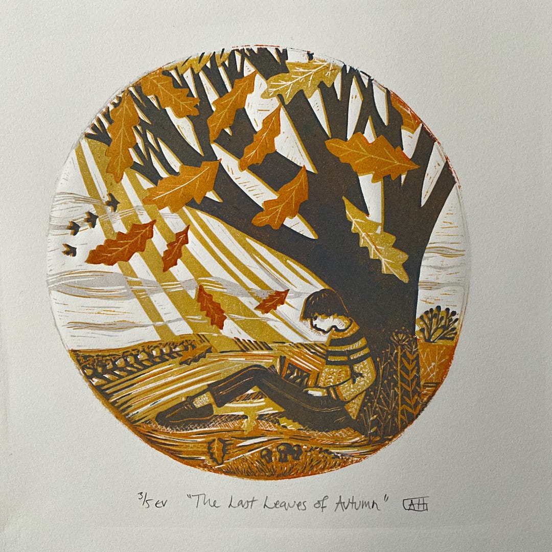 The Last Leaves of Autumn-countryside-tree-linocut-original - Etsy