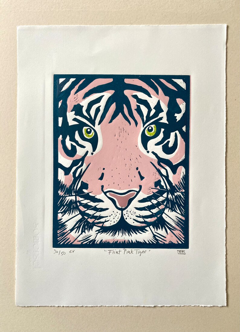 Flint Pink Tiger-animals-jungle-linocut-original - Etsy