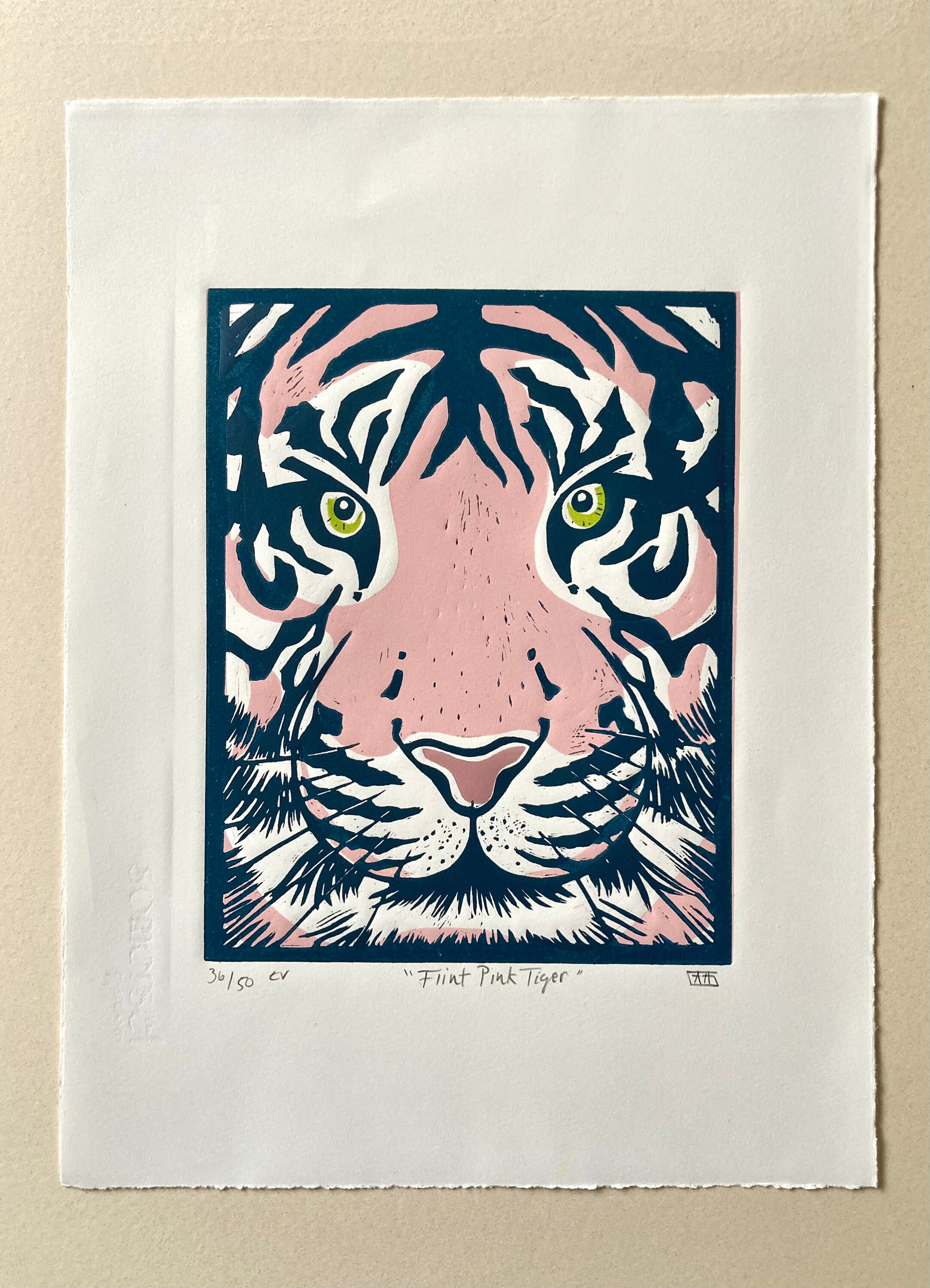Flint Pink Tiger-animals-jungle-linocut-original - Etsy