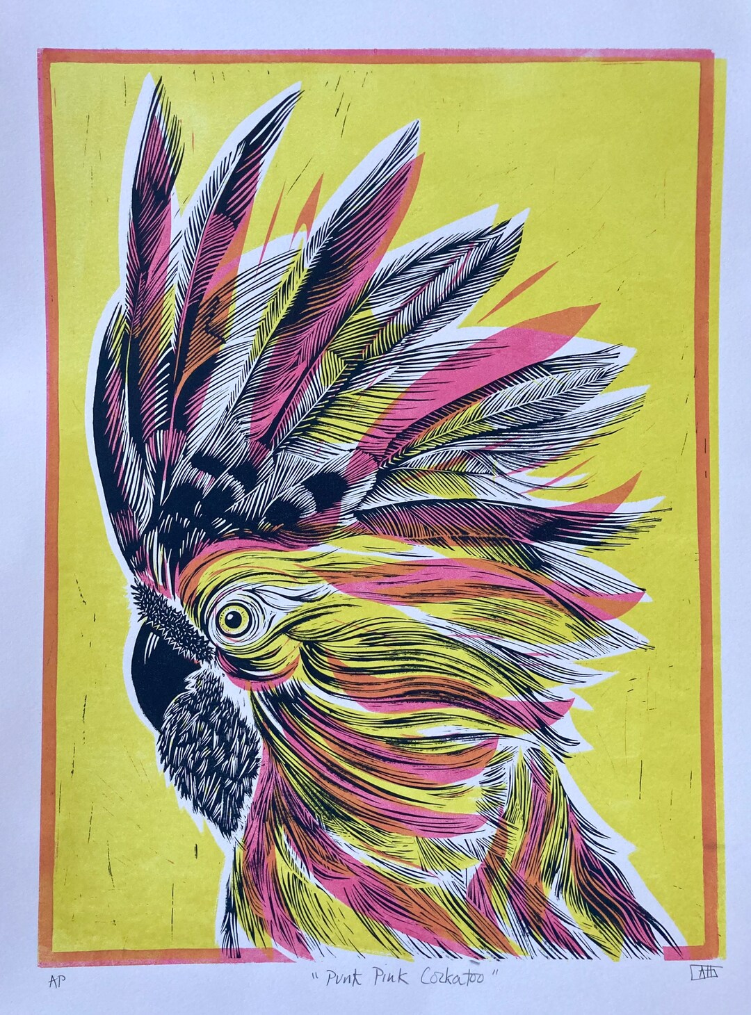 Pink Punk Cockatoo-animals-birds-linocut-original-handmade - Etsy UK