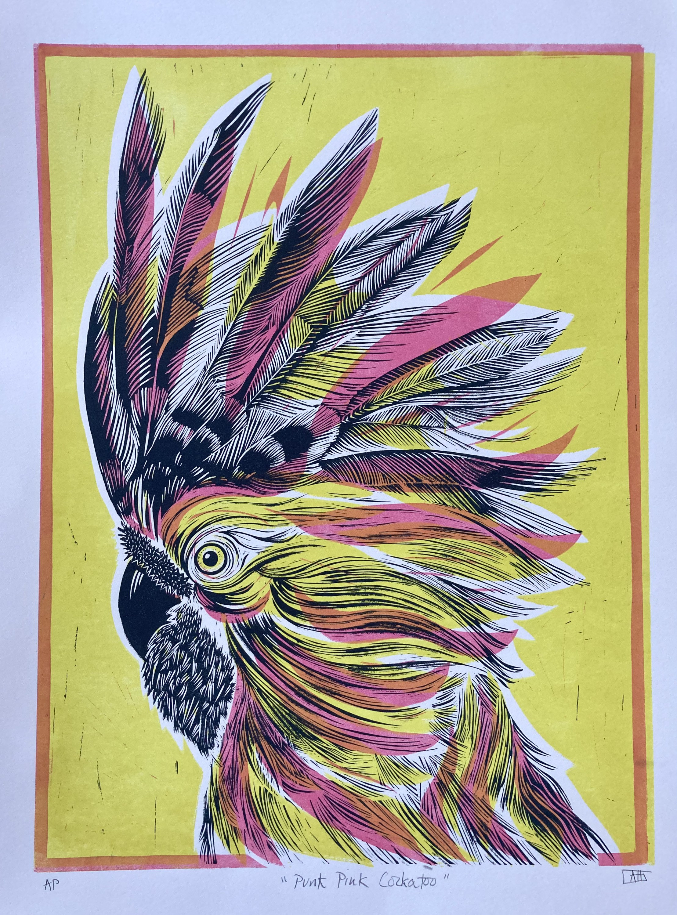 Pink Punk Cockatoo-animals-birds-linocut-original-handmade - Etsy