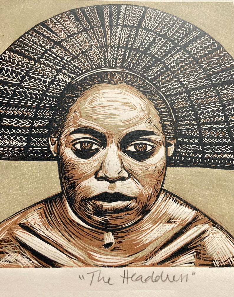 Tribal Headdress Portrait, Handmade Linocut Print, African Inspired Art ...
