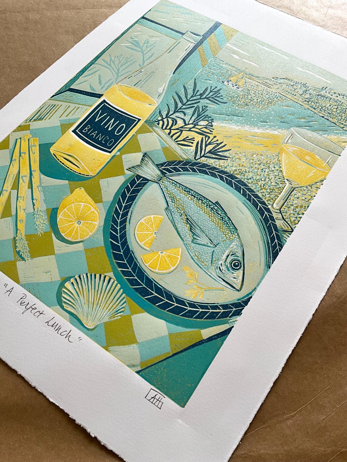Italian Seaside Lunch Linocut Print: Handmade Coastal Art - Etsy