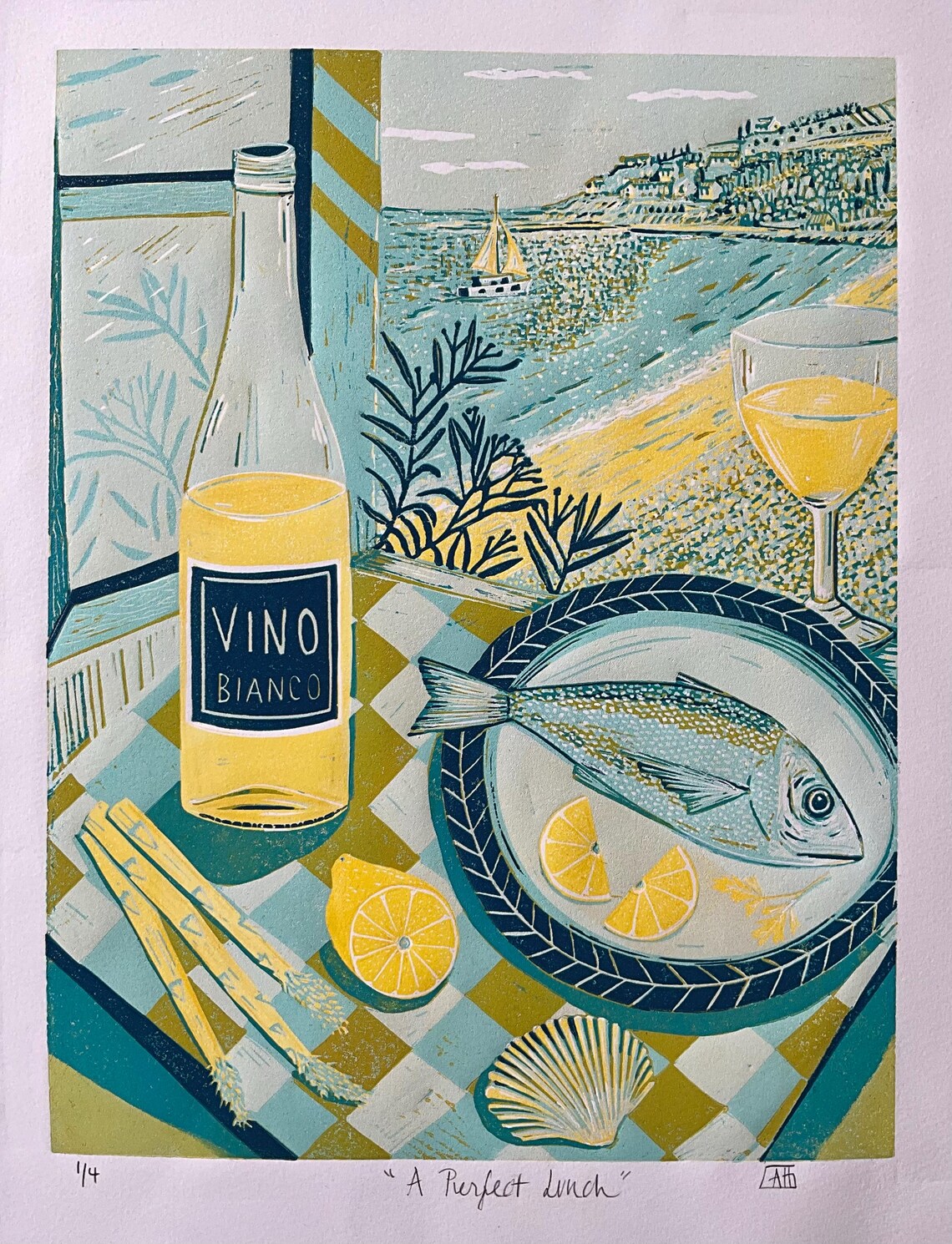 Italian Seaside Lunch Linocut Print: Handmade Coastal Art - Etsy