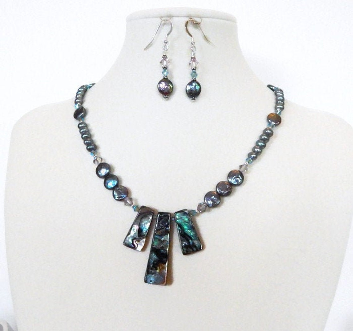 Pretty Abalone Pearl Necklace Earring Set Iridescent Blue Gray - Etsy