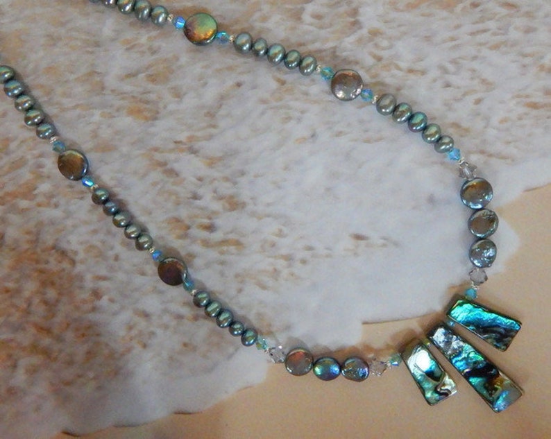 Pretty Abalone Pearl Necklace Earring Set Iridescent Blue Gray - Etsy