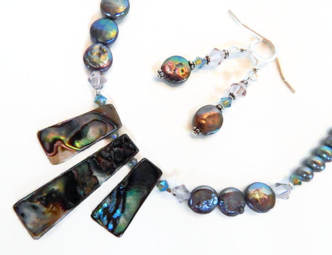 Pretty Abalone Pearl Necklace Earring Set Iridescent Blue Gray F ...