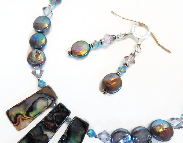 Pretty Abalone Pearl Necklace Earring Set Iridescent Blue Gray - Etsy