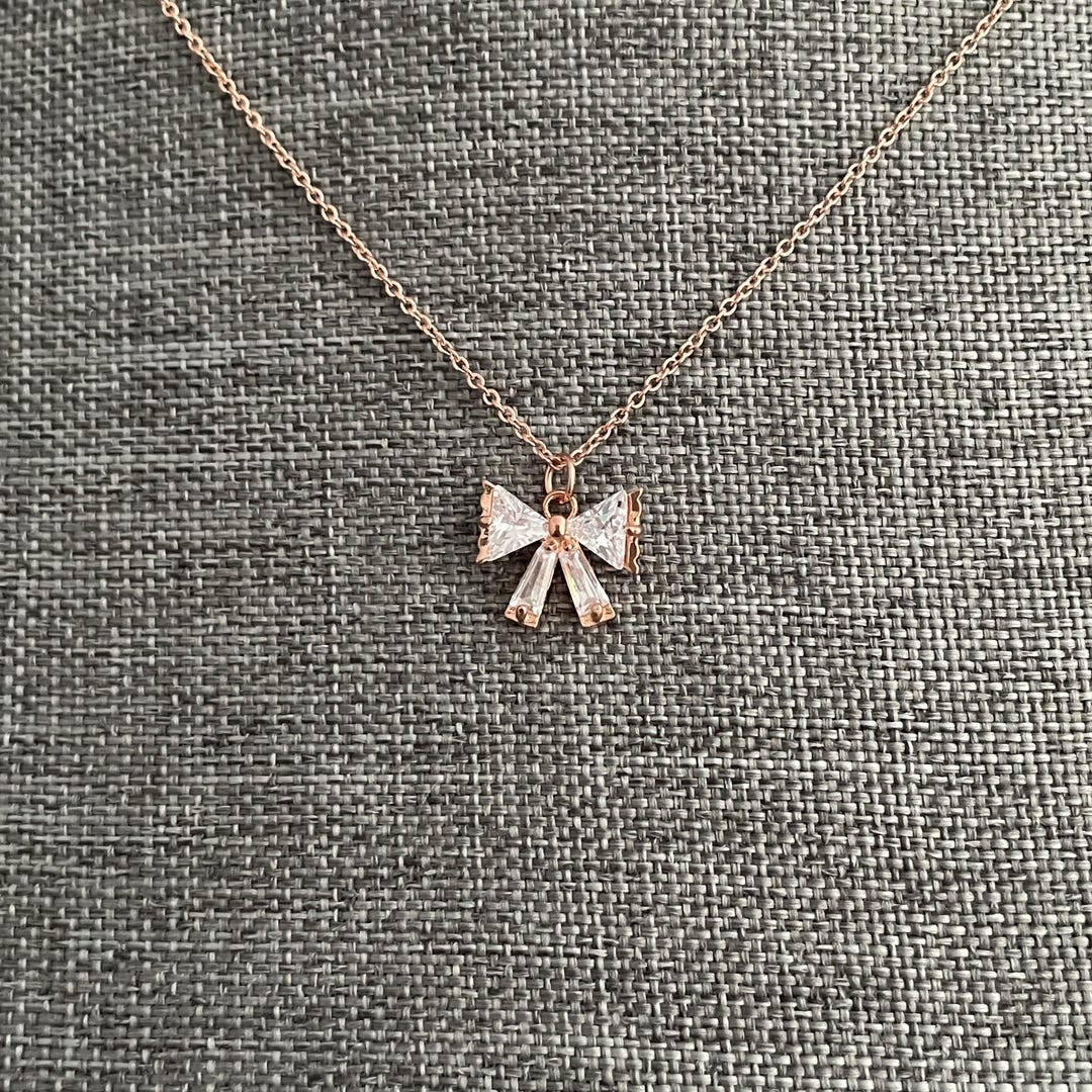 Rosegold Pink Bow Necklace for Women and Girls, Cute Ribbon Pendant ...