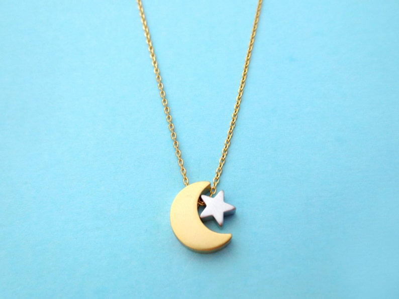 Gold Crescent moon and small silver star Gold chain | Etsy