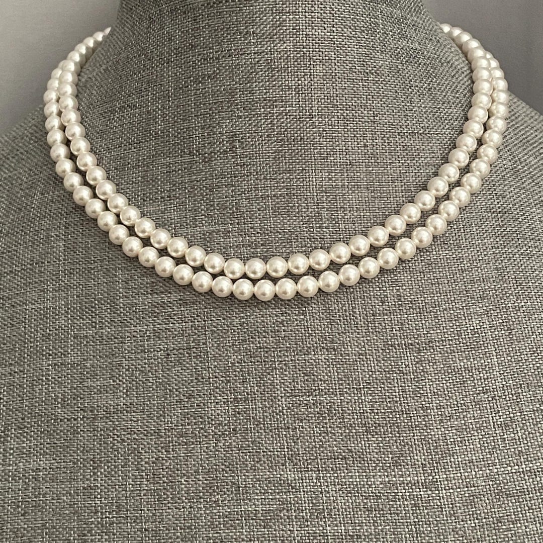 Elegant Double Layered Swarovski Pearl Necklace - 6mm White Pearls With ...