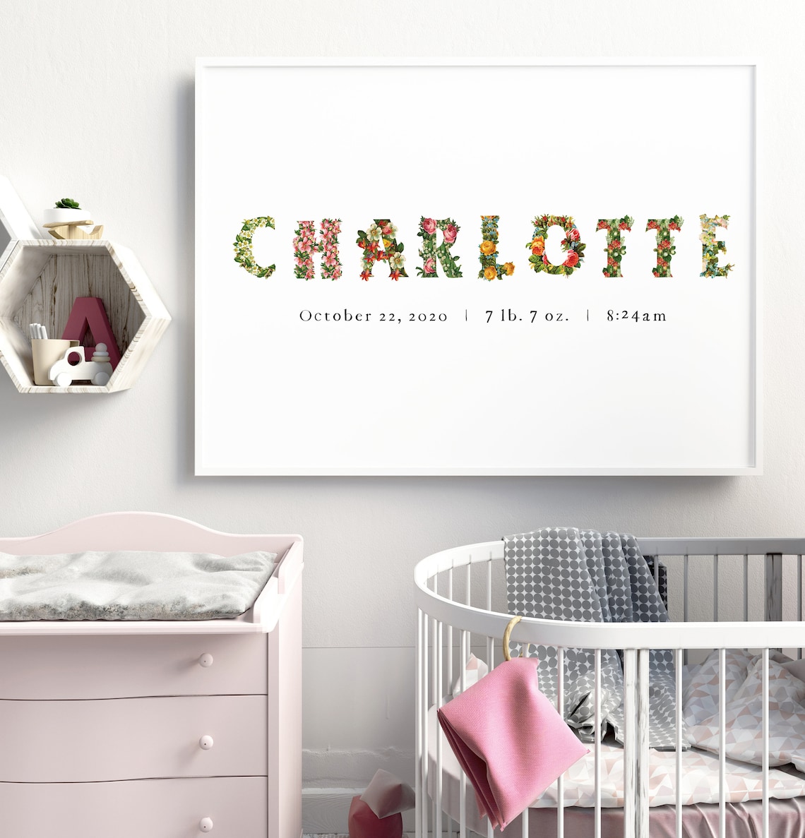 Custom Name Print, Personalized Baby Name Print, Floral Nursery Decor ...