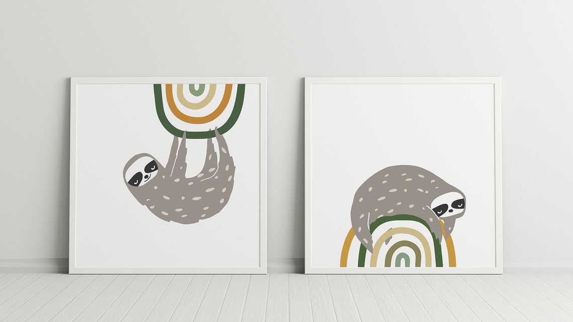 Set of TWO Sloth Prints Printable Nursery Illustration - Etsy