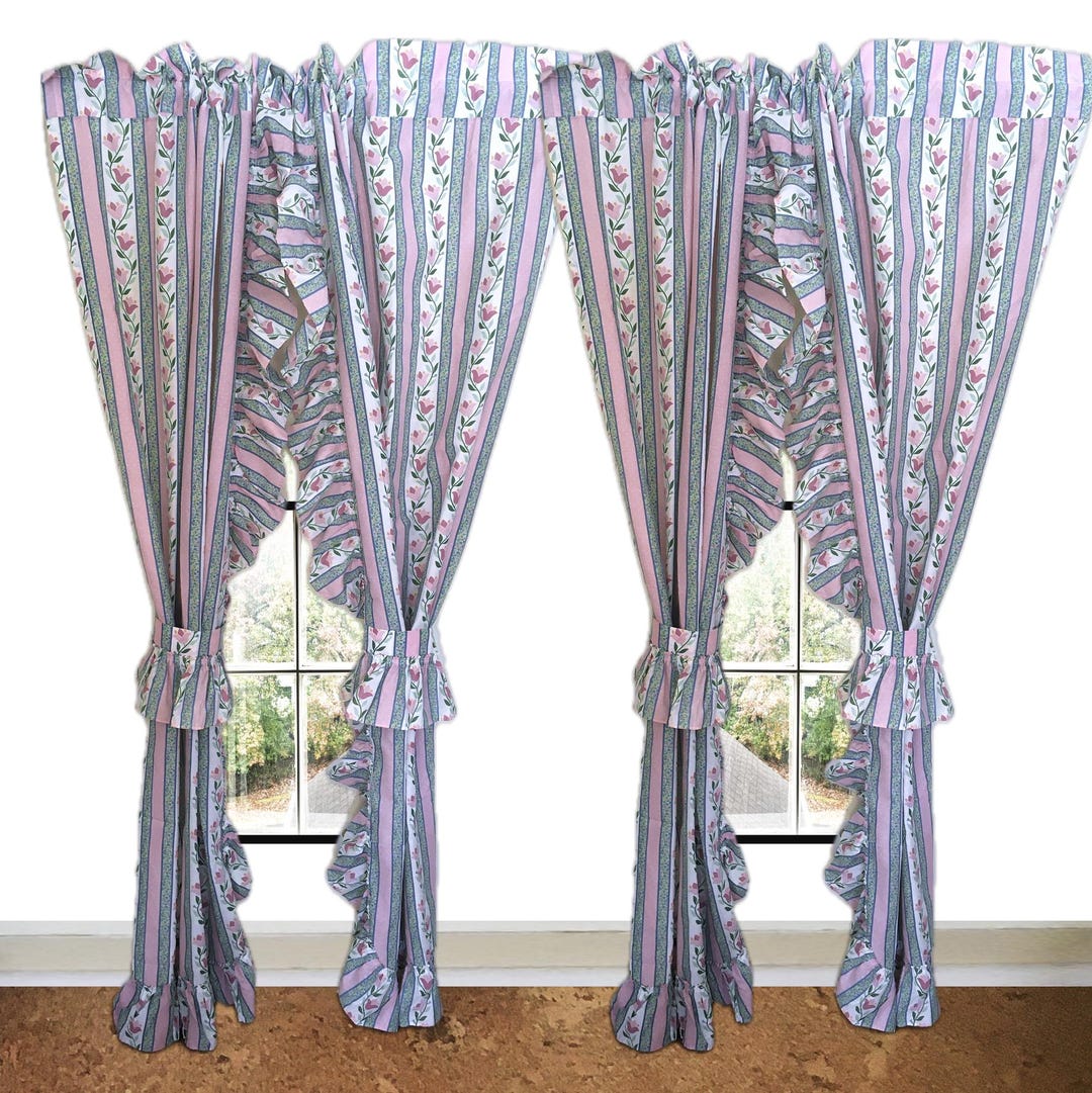 2 Pairs - Vintage Pink Ruffled Curtains - Set of Four (4) Panels W/ Tie ...