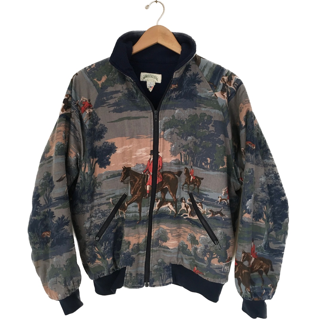 Vintage Outdoor Scene Jacket Horses, Dogs, Forest Motif Fleece-lined ...