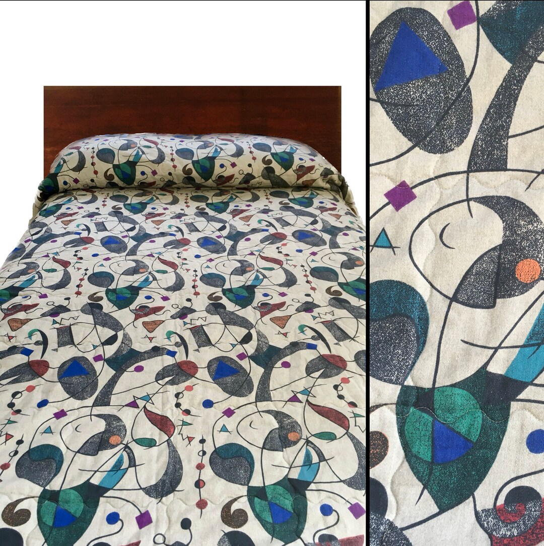 QUEEN SIZE Vintage 1980s Quilted Bedspread Multicolor Geometric Shapes ...