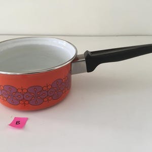 Vintage Enamel Cookware - Cooking Pots, Pans - Bright Orange W/ Mod ...