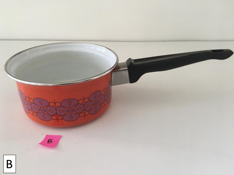 Vintage Enamel Cookware - Cooking Pots, Pans - Bright Orange W/ Mod ...
