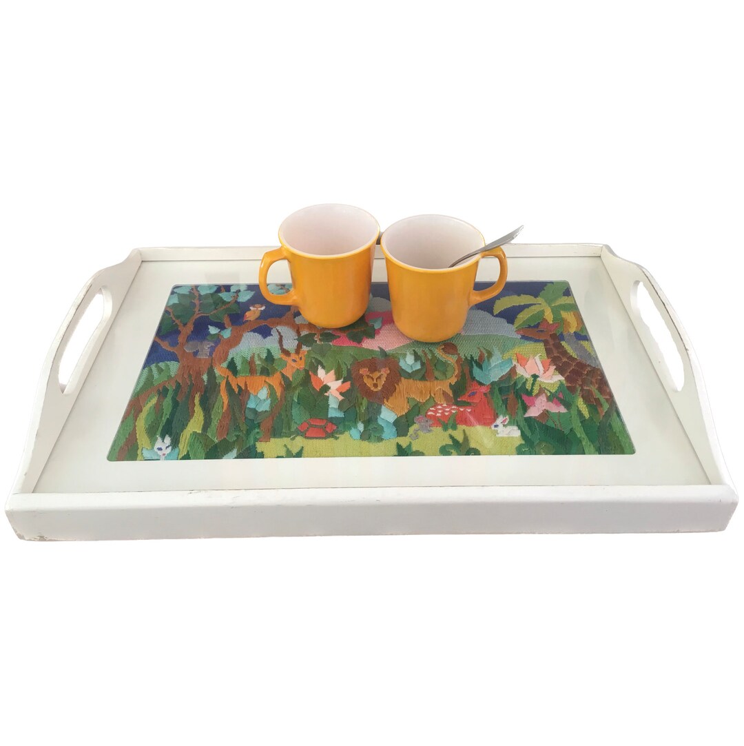 Large Crewel Embroidery Serving Tray Jungle Scene Vintage White Wood ...