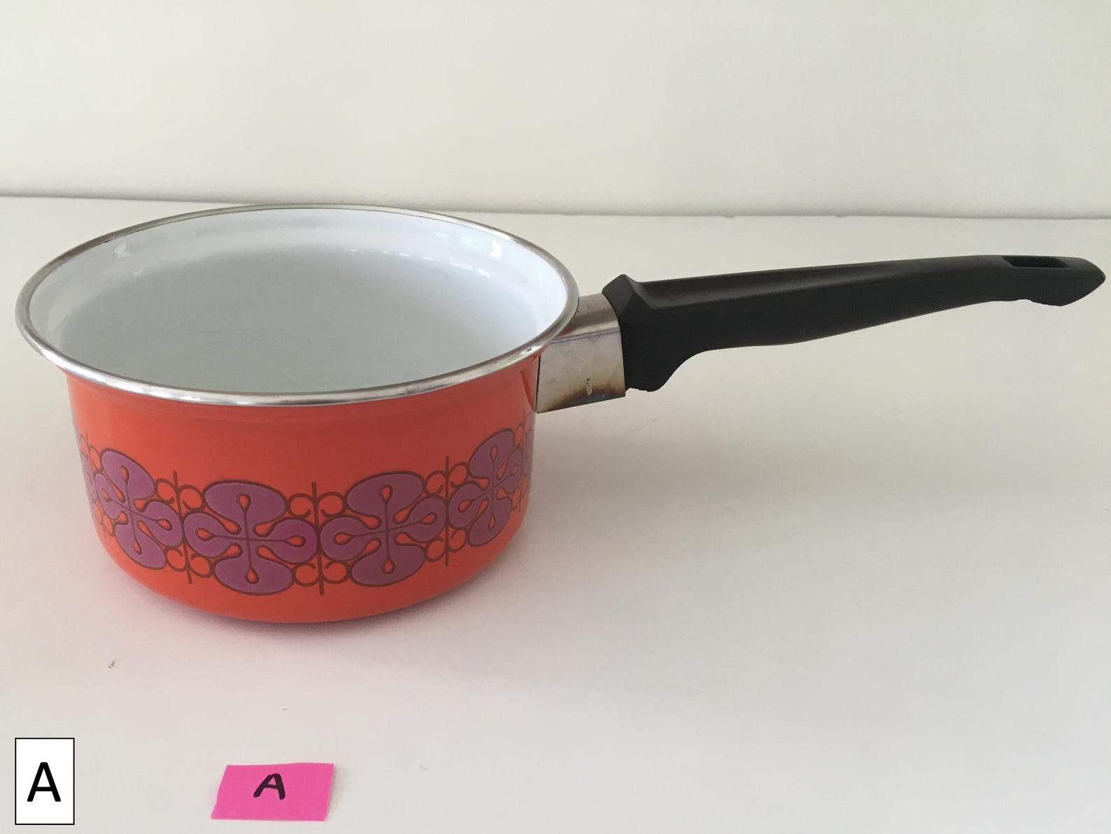 Vintage Enamel Cookware - Cooking Pots, Pans - Bright Orange W/ Mod ...